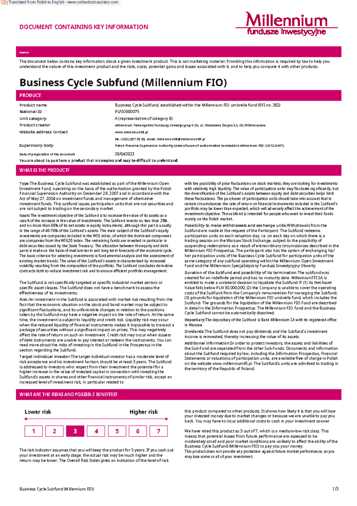 KID - Millennium Economic Trend B FIO - DOCUMENT CONTAINING KEY INFORMATION OBJECTIVE The ...