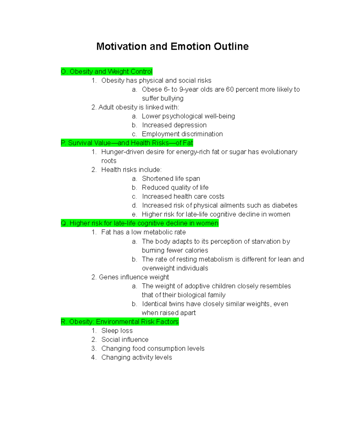 General Psychology-Motivation and Emotion Outline Notes - Motivation ...