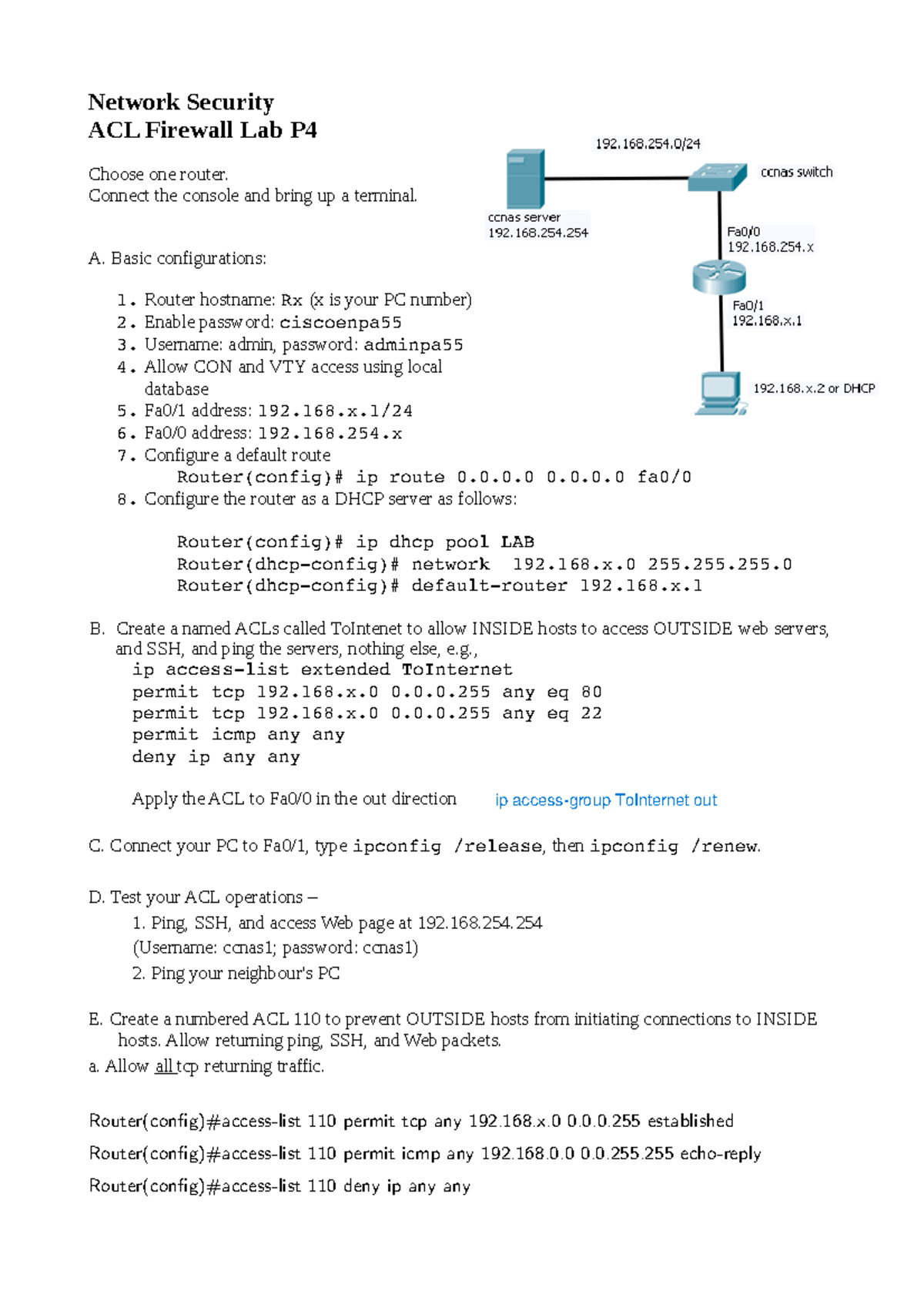 Acl Lab 19s2 Acl Network Security Acl Firewall Lab P Choose One Router Connect The Console