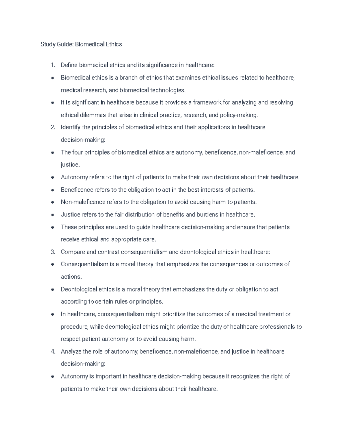 Biomedical ethics study guide - Study Guide: Biomedical Ethics Define ...