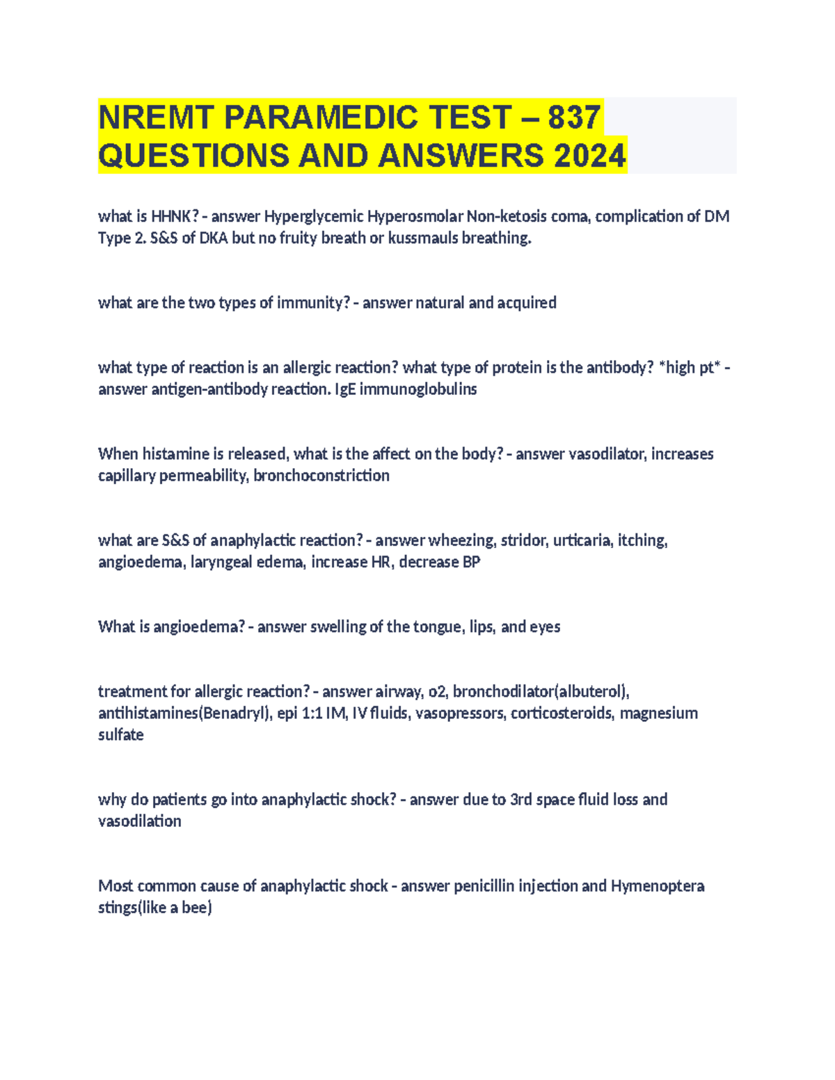 NREMT Paramedic TEST – 837 Questions AND Answers 2024 - NREMT PARAMEDIC ...