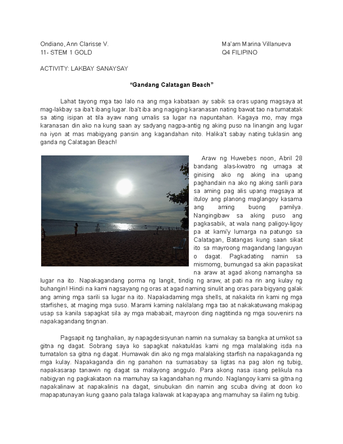 Lakbay Sanaysay - This is my activity - Ondiano, Ann Clarisse V. Ma’am ...