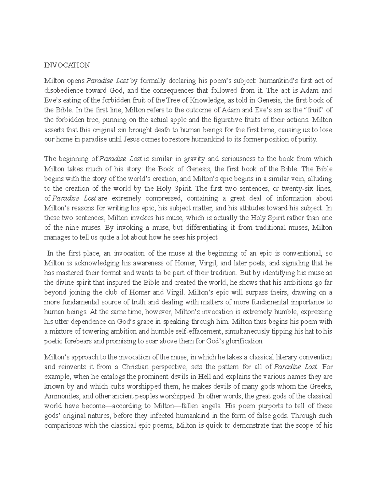 Invocation - INVOCATION Milton opens Paradise Lost by formally ...