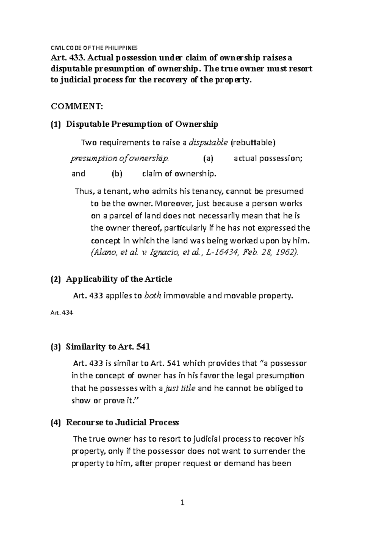 Property law m38 - Art. 433. Actual possession under claim of ownership ...