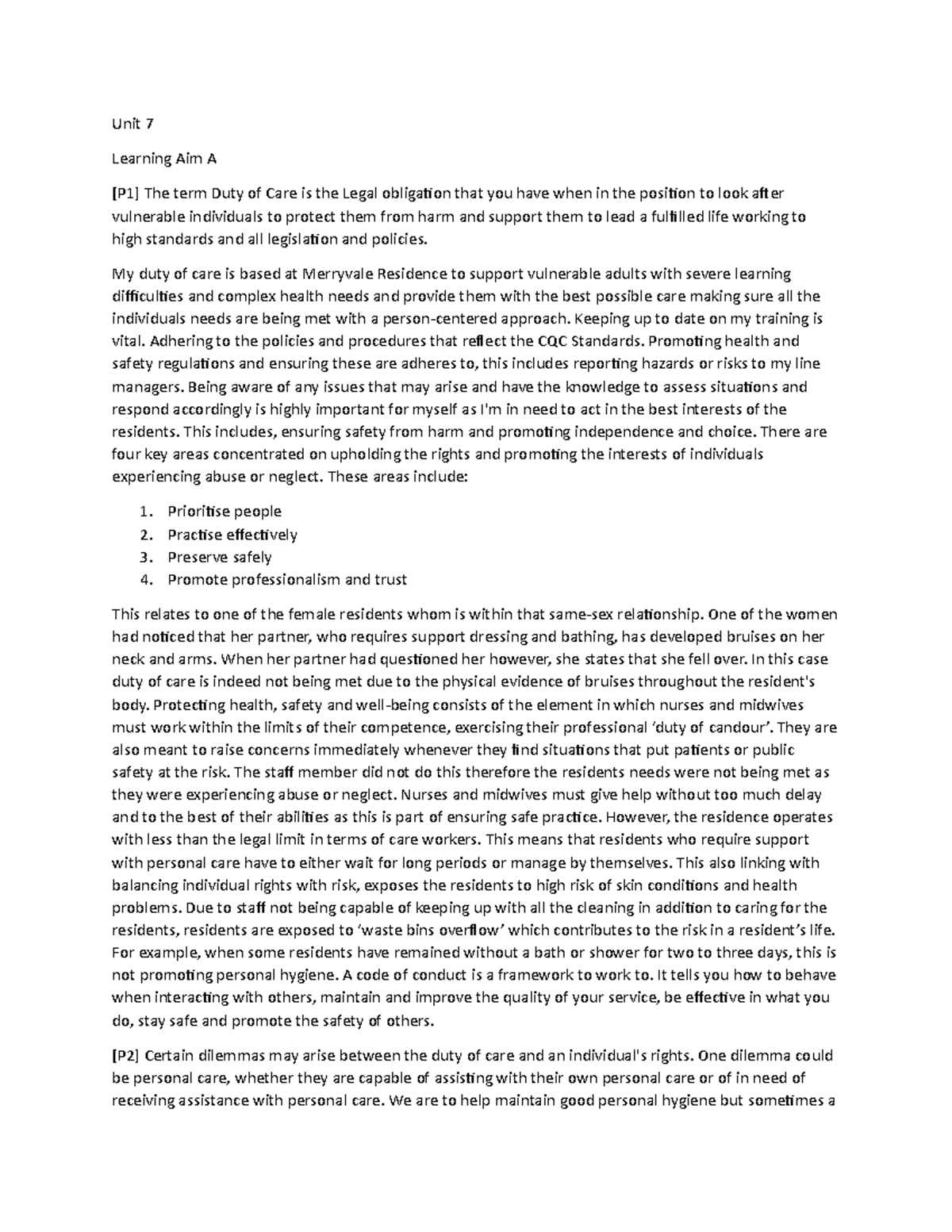 Unit 7- sociological - Unit 7 Learning Aim A [P1] The term Duty of Care ...