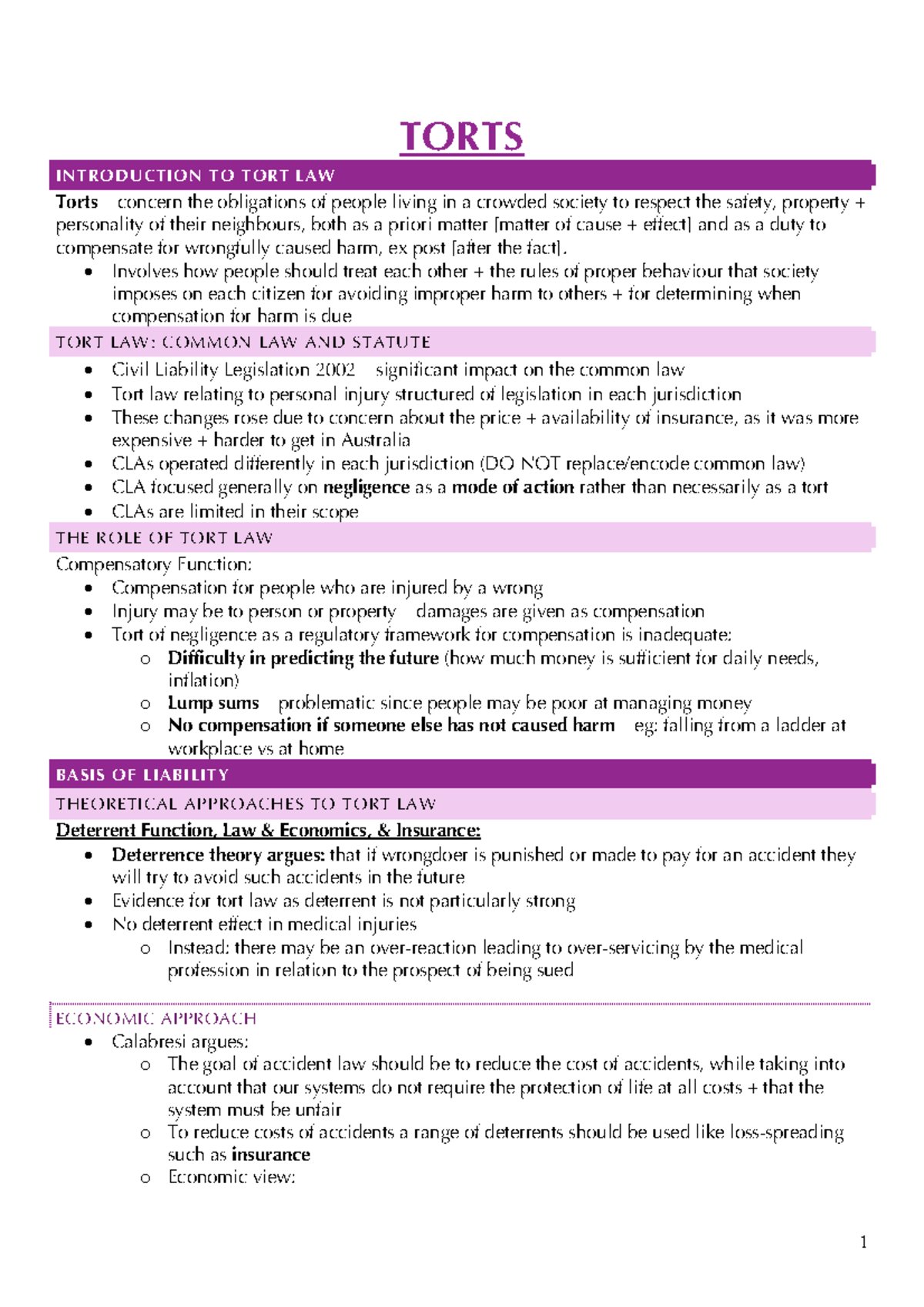 Torts Complete Notes - TORTS INTRODUCTION TO TORT LAW Torts – concern ...