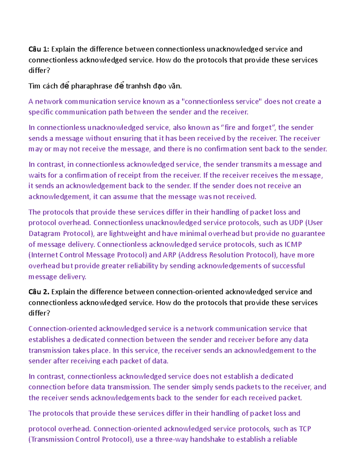 NWC203c PE-2 - Câu 1: Explain the difference between connectionless ...