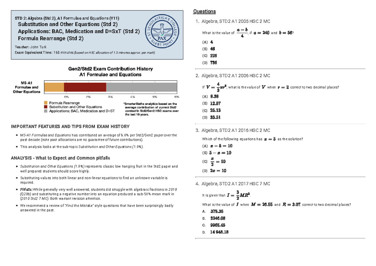 Yr 11 Maths Standard Algebra Formulae and Equations Smarter - STD 2 ...