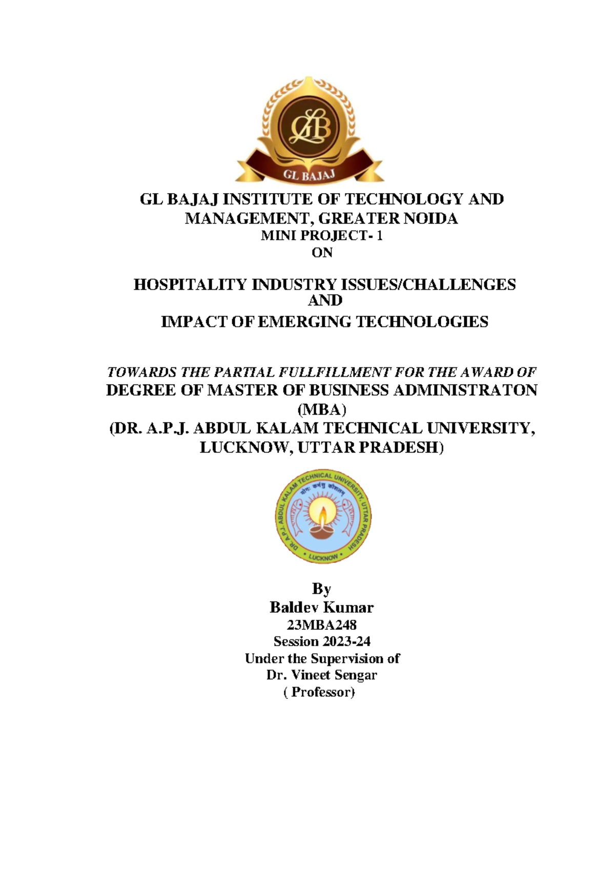 Baldev Kumar, Mini Project 1 - GL BAJAJ INSTITUTE OF TECHNOLOGY AND MANAGEMENT, GREATER NOIDA ...