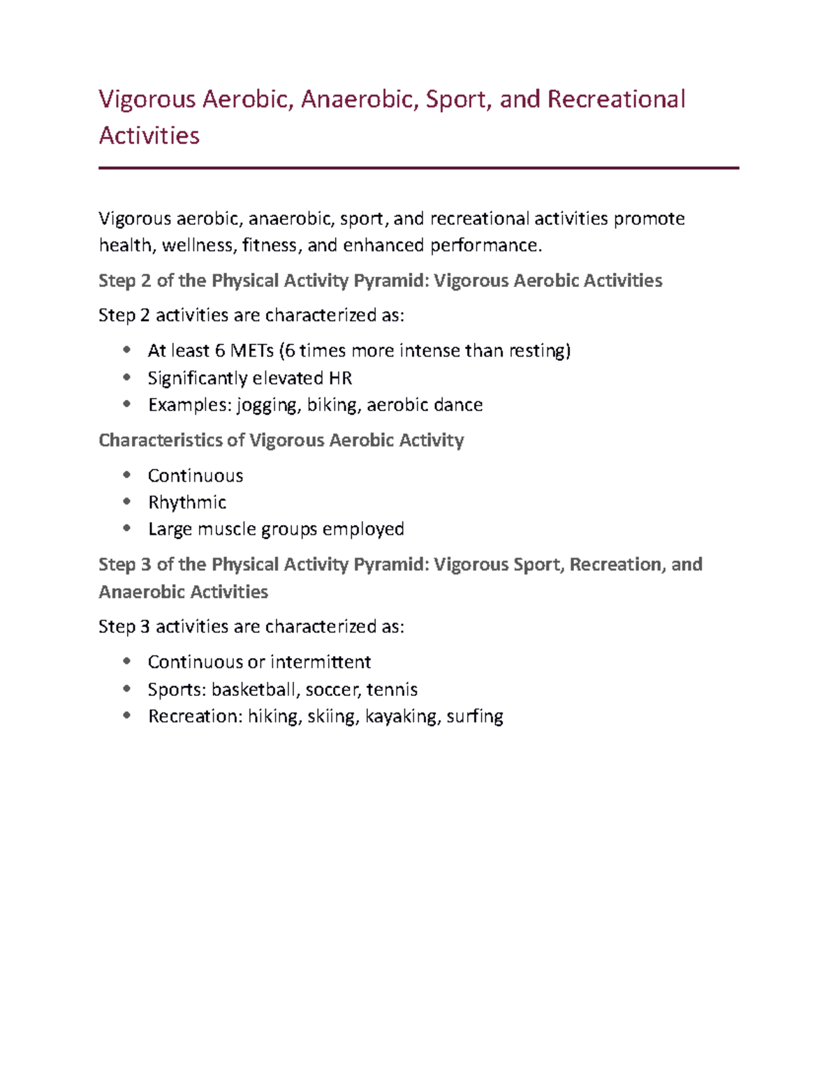 Concept 9 notes - Vigorous Aerobic, Anaerobic, Sport, and Recreational ...