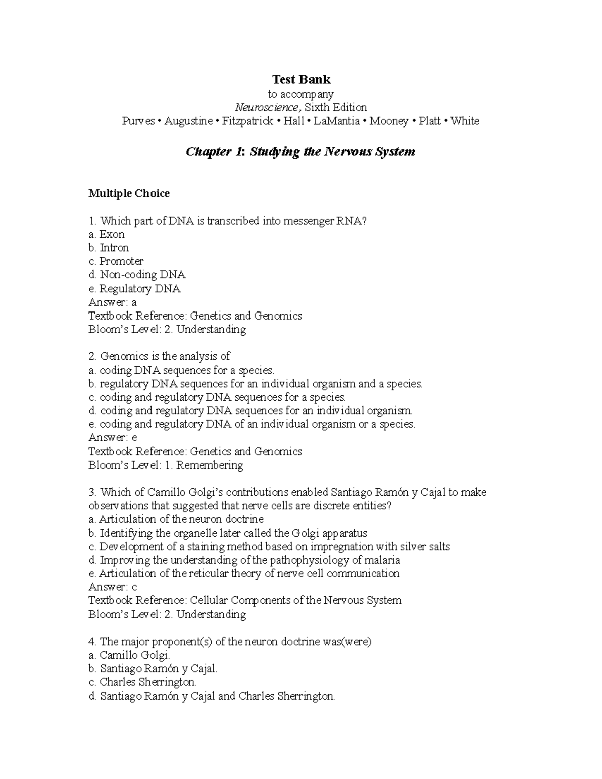 Chapter 1 - Test Bank to accompany Neuroscience, Sixth Edition Purves ...