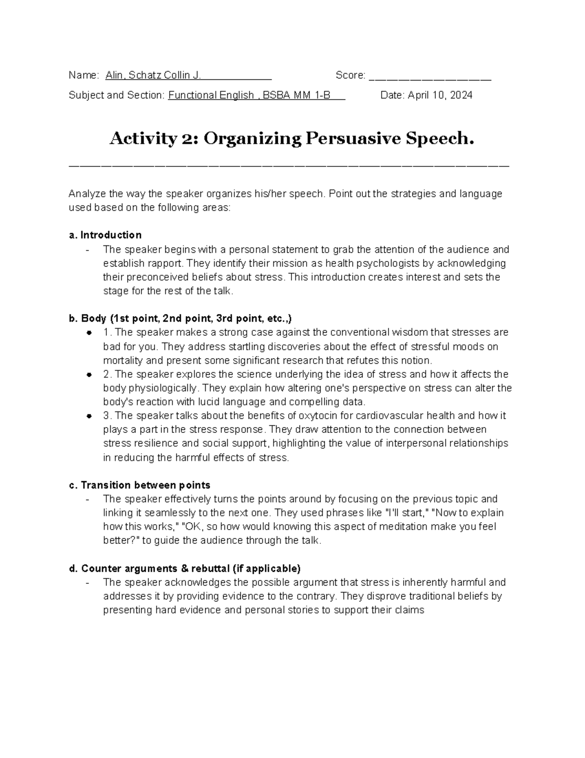 Activity 2 Organizing Persuasive Speech. (1) - Name: Alin, Schatz ...