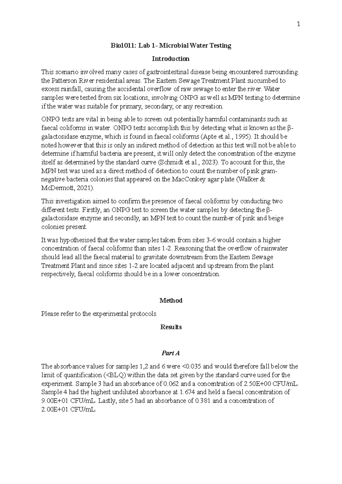 Lab Report - Bio1011: Lab 1- Microbial Water Testing Introduction This ...