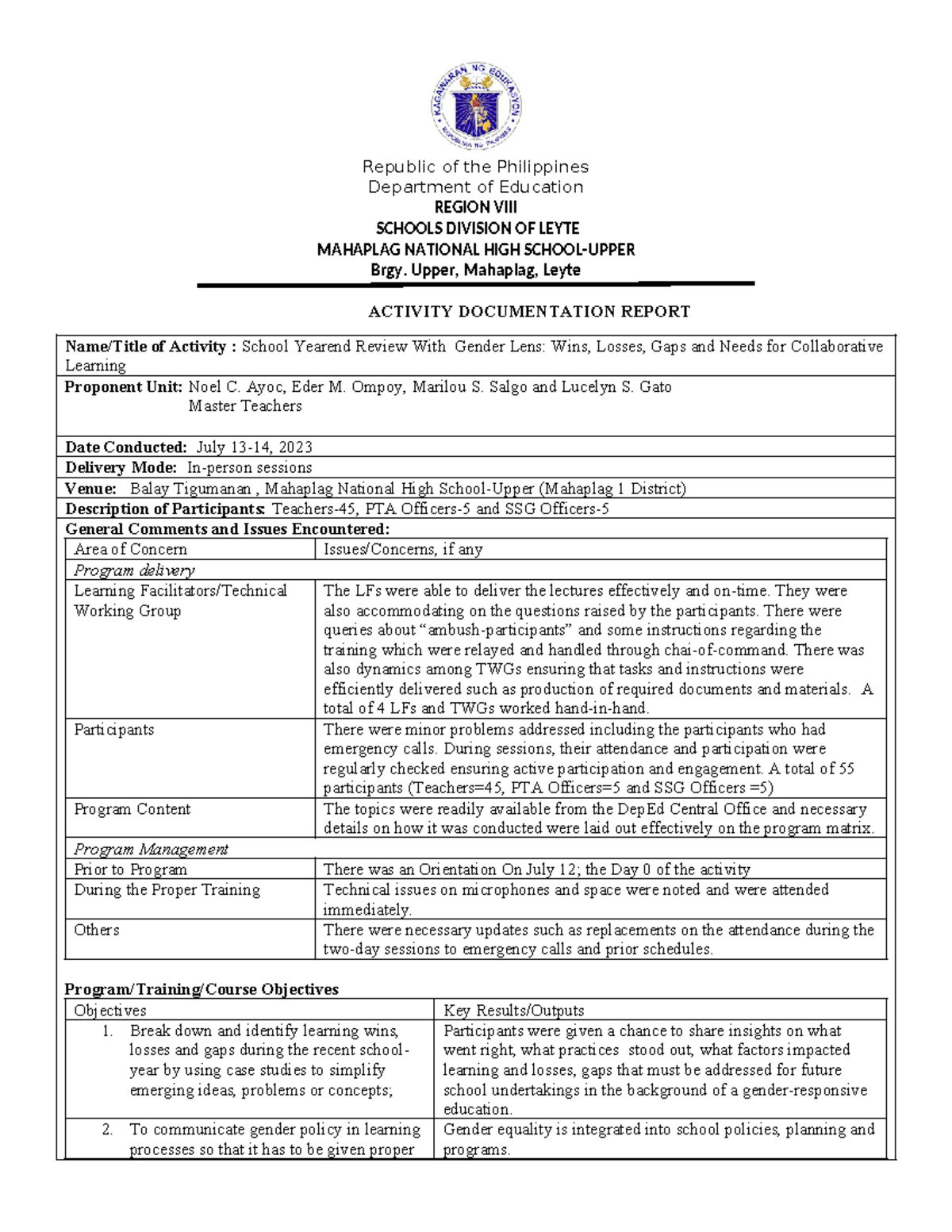 ACtivity Documentation Report - Republic of the Philippines Department ...