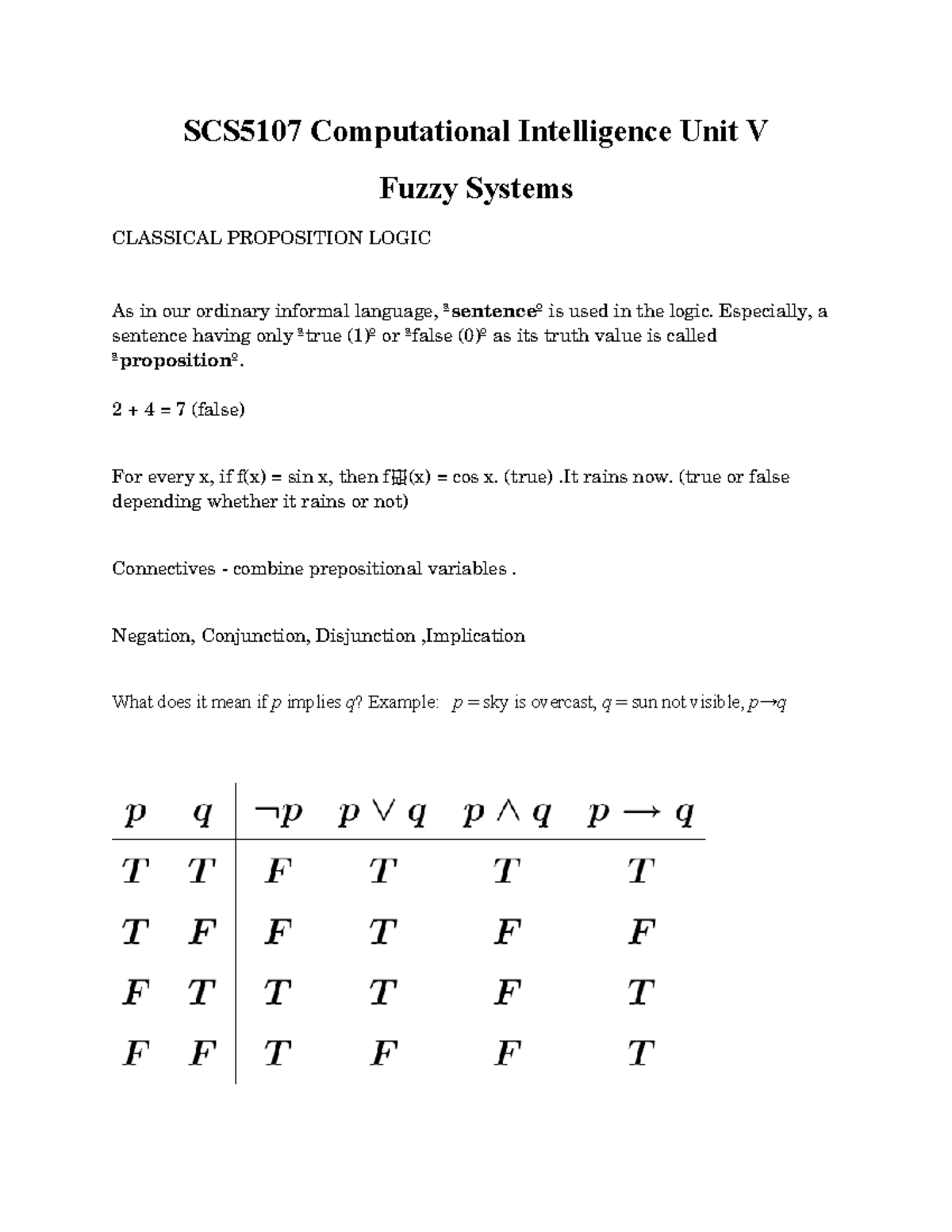 Fuzzy Systems Notes - SCS5107 Computational Intelligence Unit V Fuzzy ...