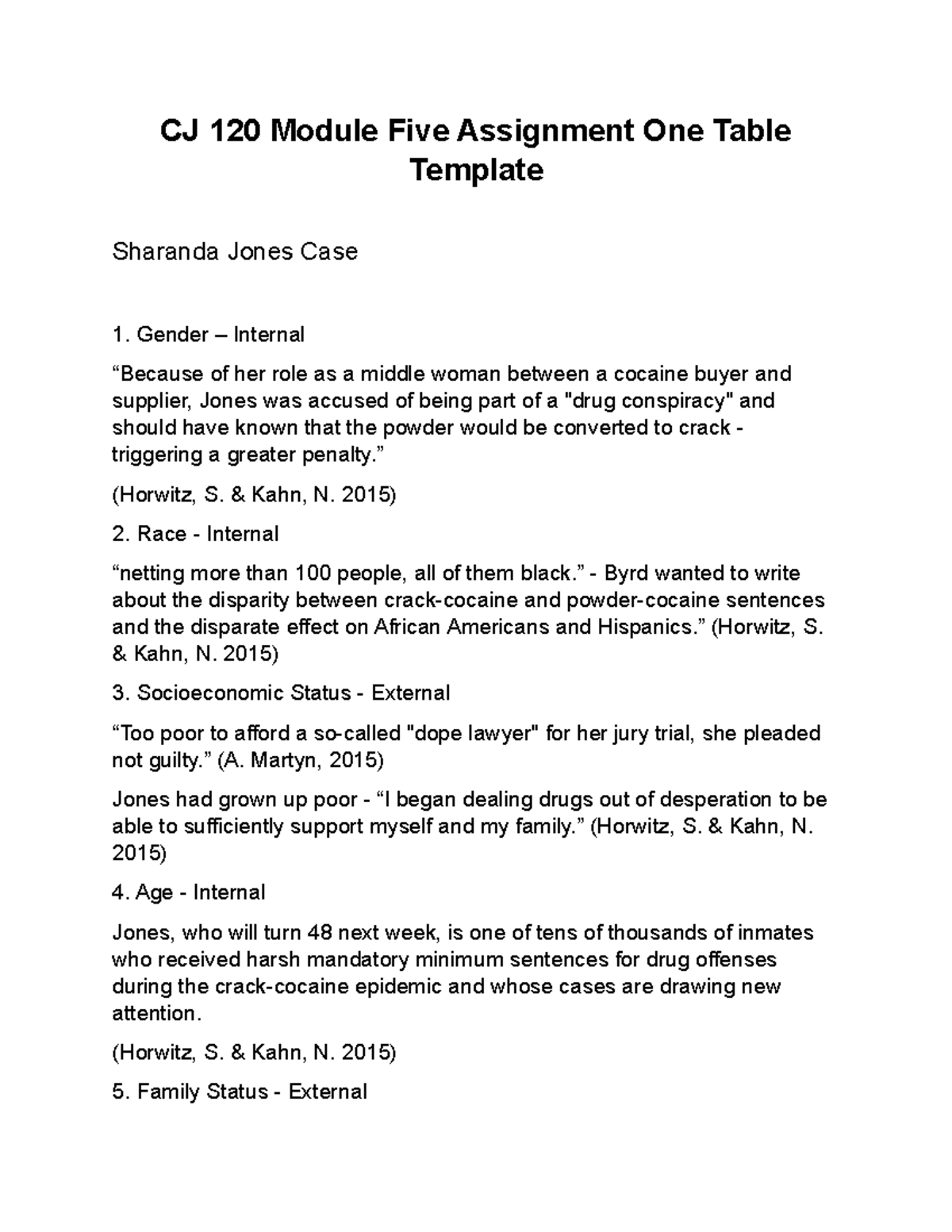 CJ 120 Module Five Assignment One - ” (Horwitz, S. & Kahn, N. 2015 ...