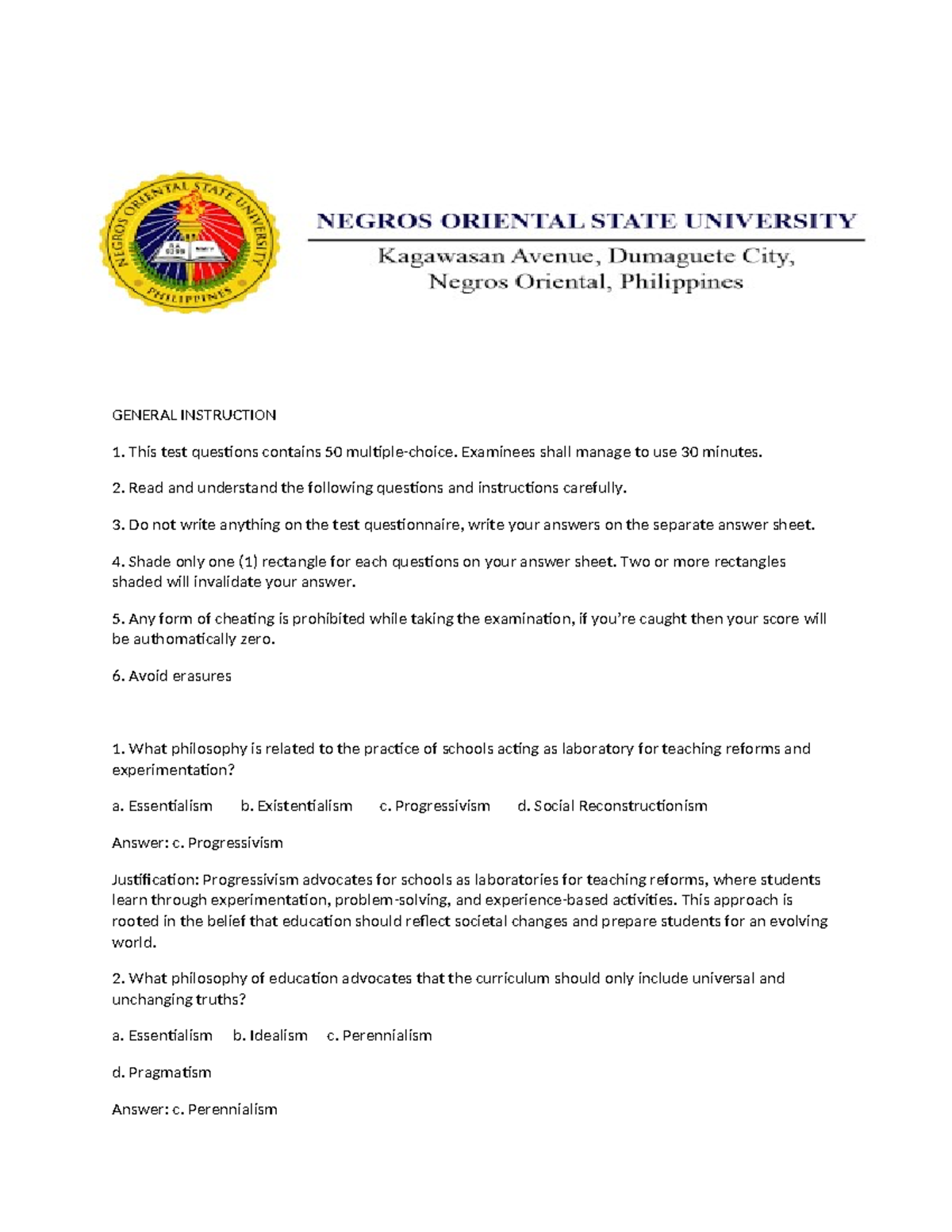 Justification - Let exam - GENERAL INSTRUCTION This test questions ...