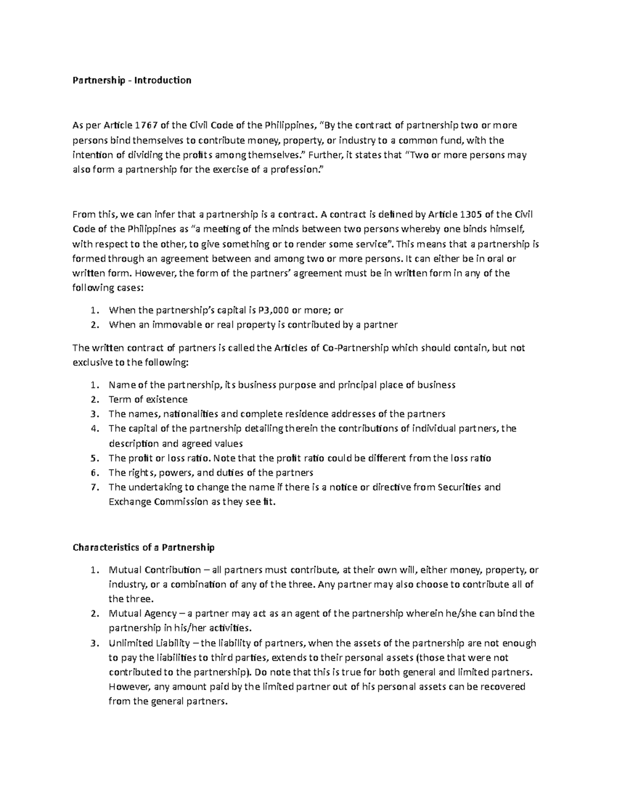 Partnership - Chapter 1 - Partnership - Introduction As per Article ...