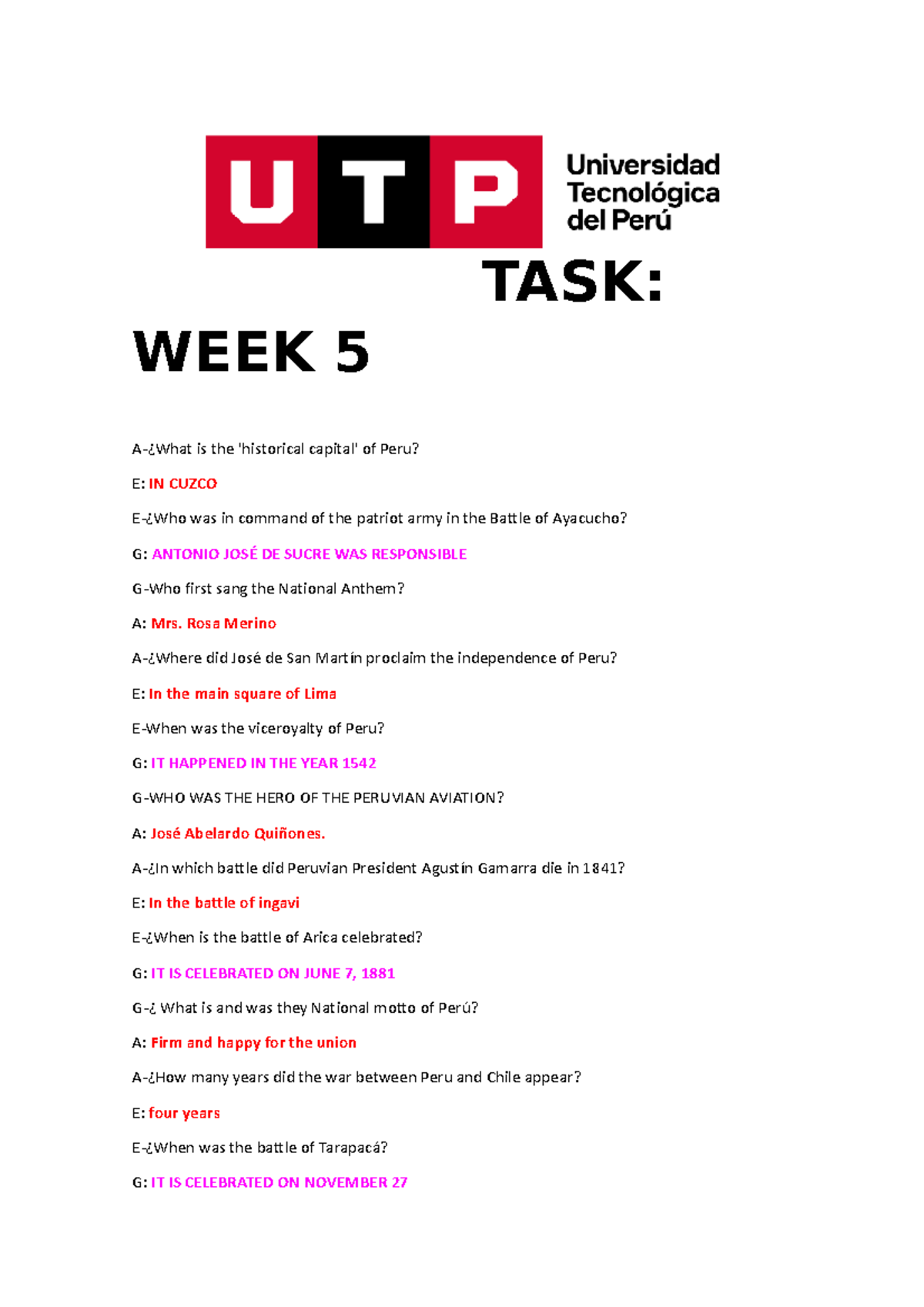 (AC-S05) Week 05 - Task Assignment Who knows more about Peruvian History - TASK: WEEK 5 A-¿What ...