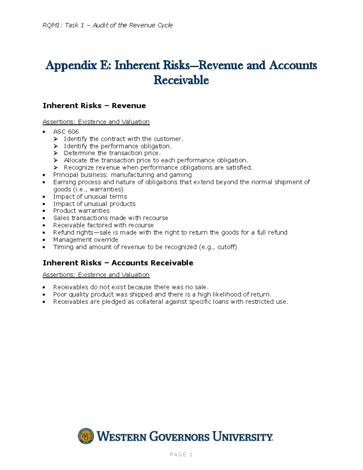 Appendix E Inherent Risks - Revenue and Accounts Receivable - RQM1 ...