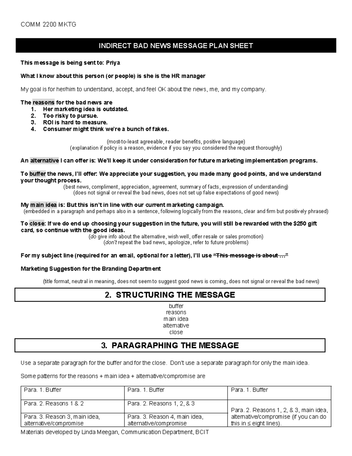 Bad News Plan Sheet - COMM 2200 MKTG INDIRECT BAD NEWS MESSAGE PLAN ...