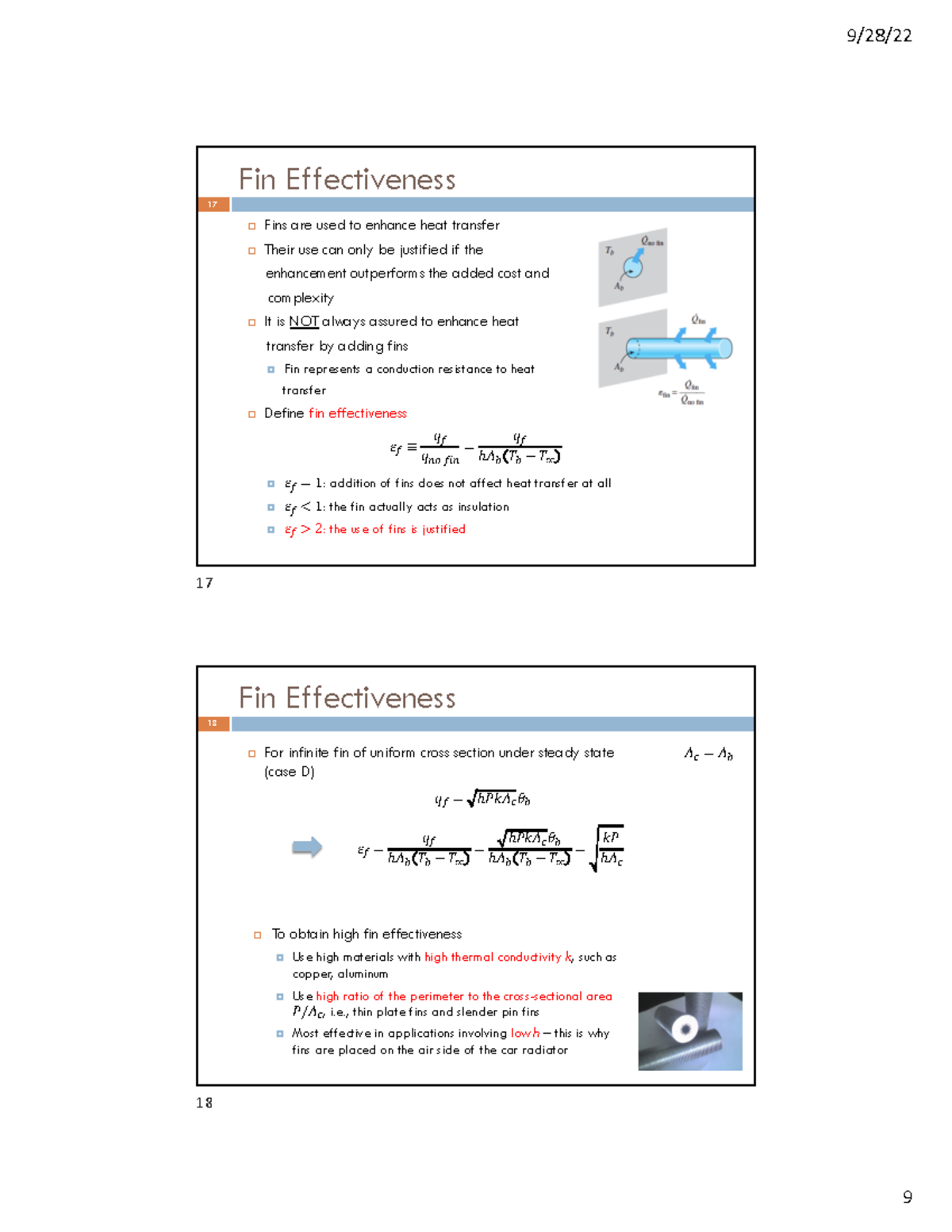 Pt4 Lecture 10 Fin Analysis - 9/28/ 9 Fin Effectiveness ̈ Fins are used ...