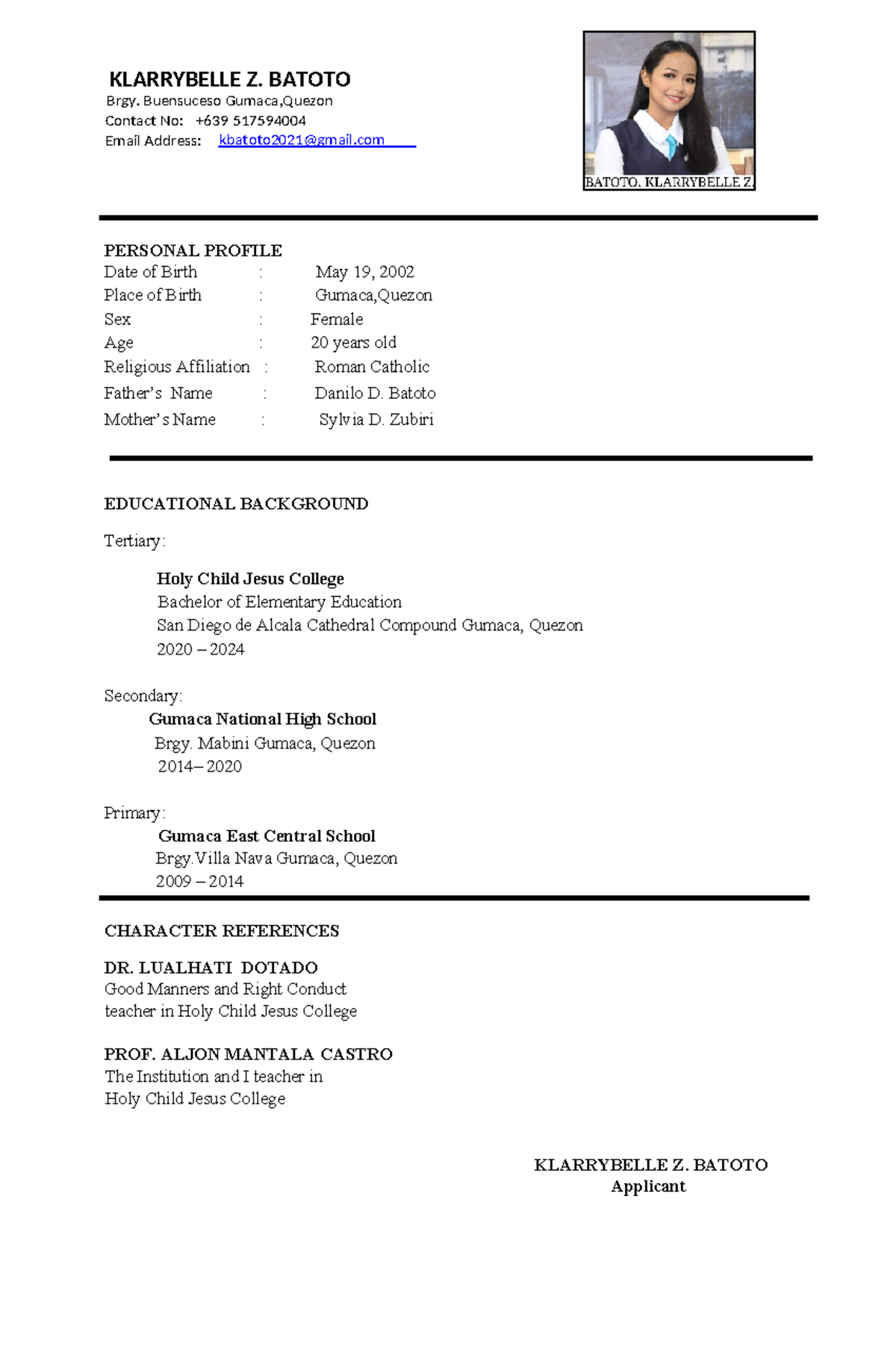 Resume- Klarrybelle - PERSONAL PROFILE Date of Birth : May 19, 2002 ...