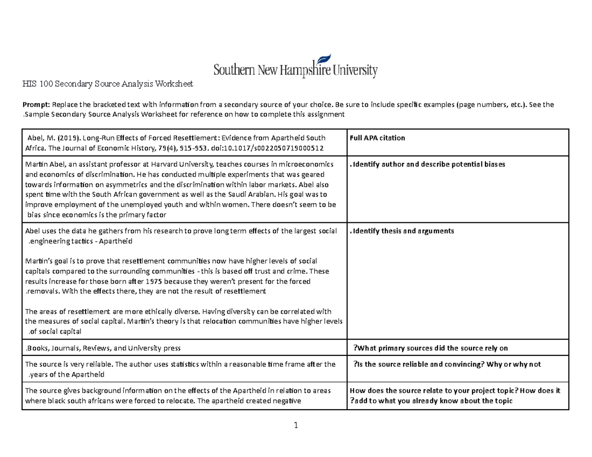 HIS 100 Secondary Source Analysis Worksheet - HIS 100 Secondary Source ...