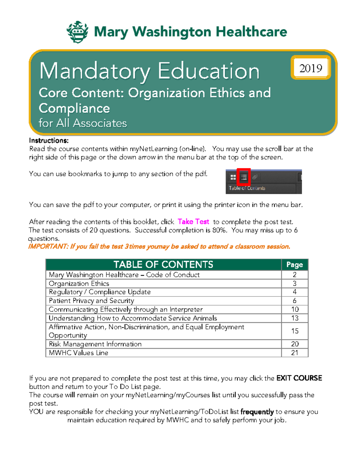 2019 Mandatory Ed - Org Ethics - Instructions: Read the course contents ...