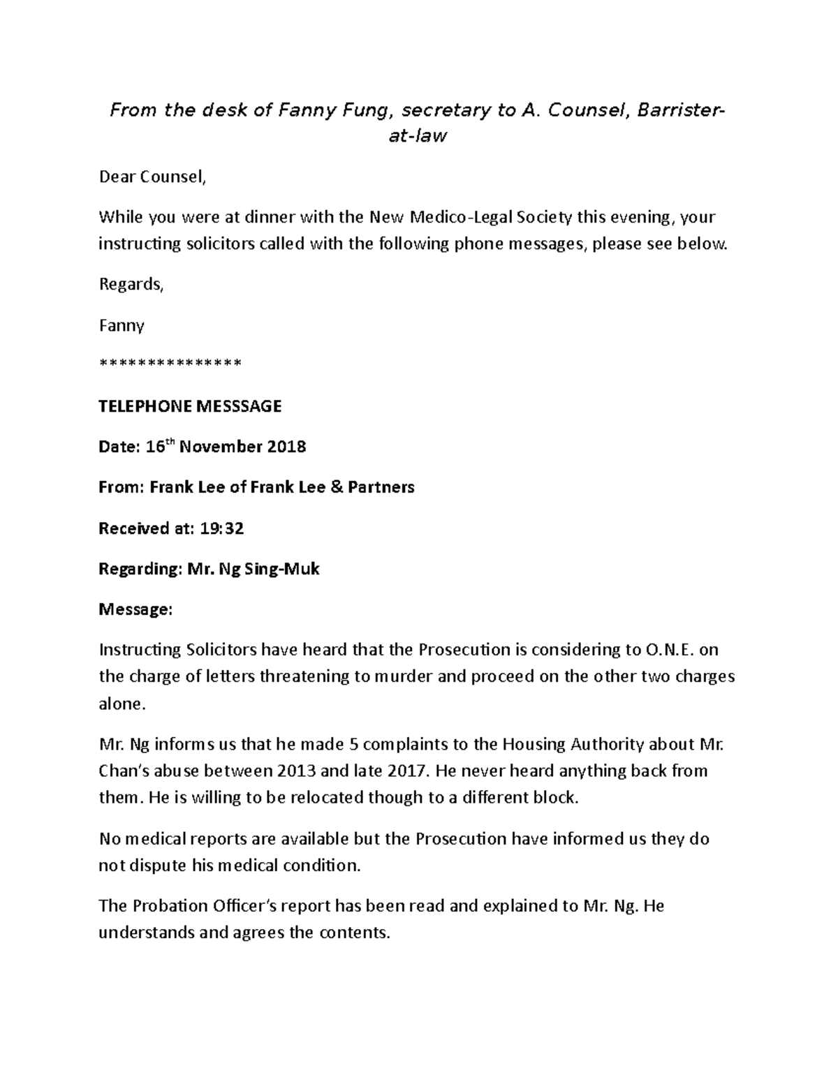 Additional Instructions 16 - From the desk of Fanny Fung, secretary to ...