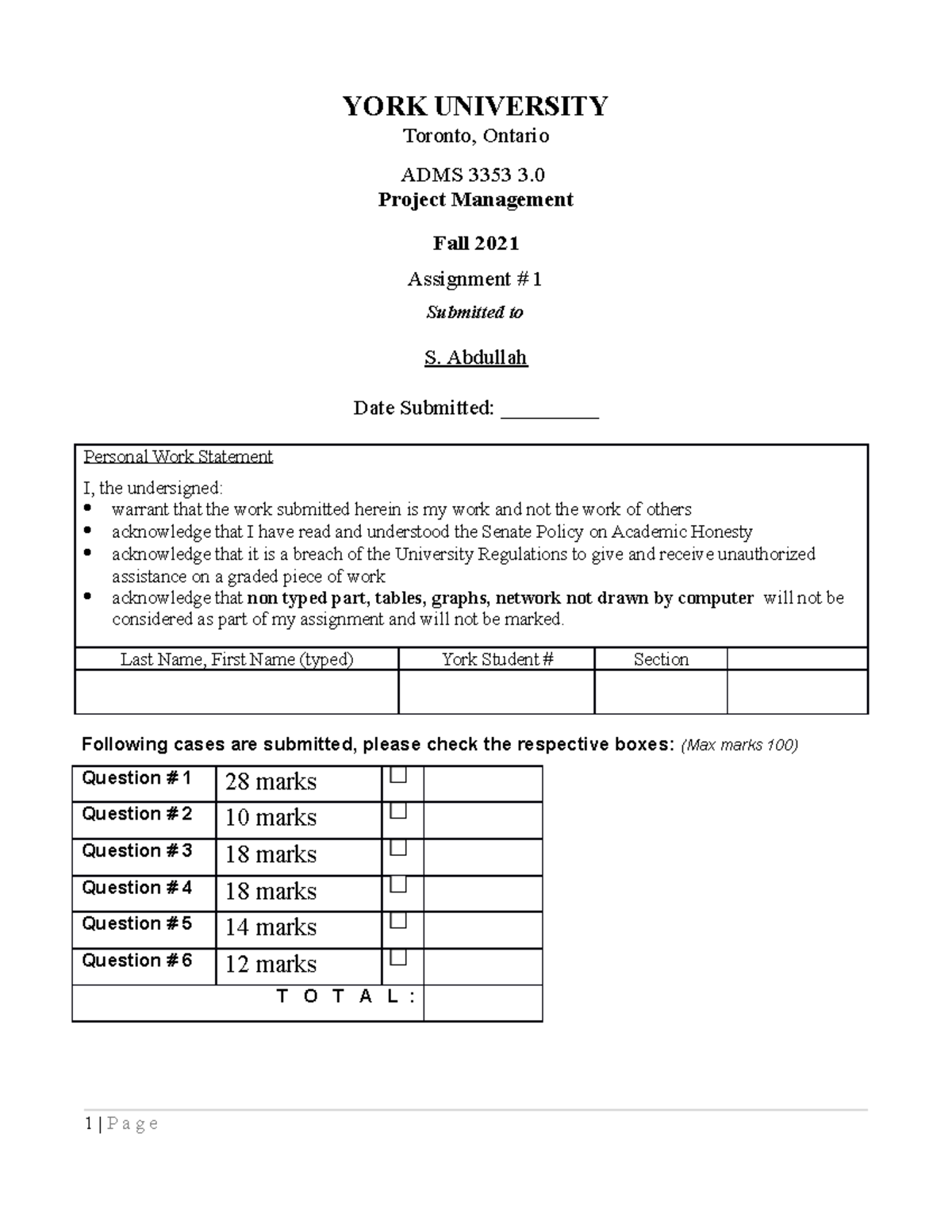 ADMS 3353 Final Assignment - YORK UNIVERSITY Toronto, Ontario ADMS 3353 ...