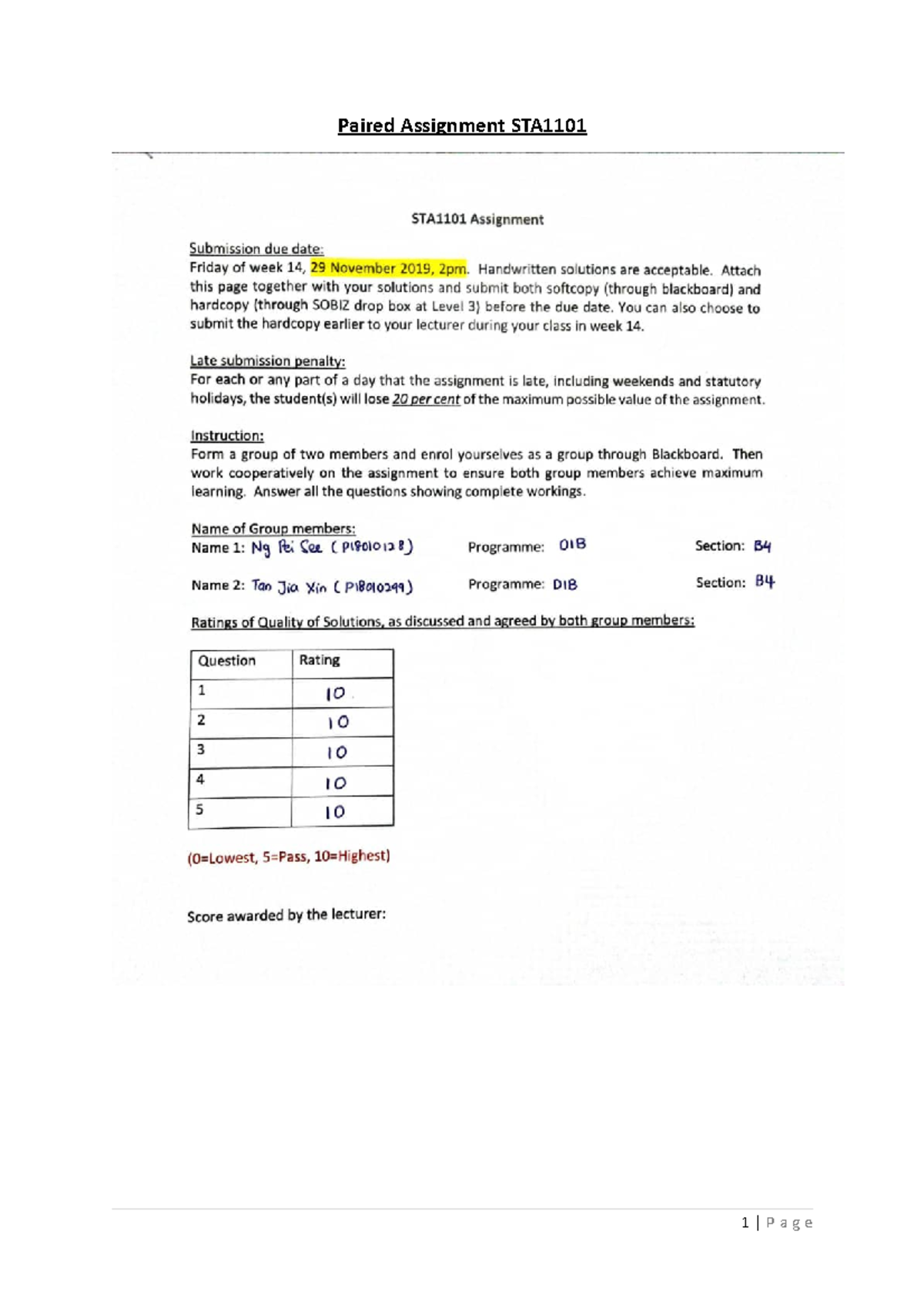 Paired Assignment STA1101 - diploma in business - Paired Assignment STA ...