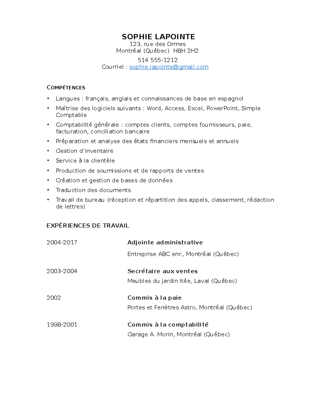 Modele-CV-competences - SOPHIE LAPOINTE 123, rue des Ormes Montréal ...