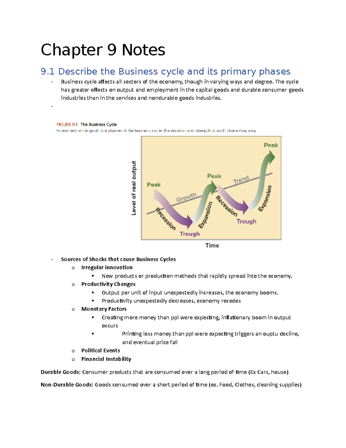 Chapter 9 Notes - Chapter 9 Notes 9 Describe the Business cycle and its ...