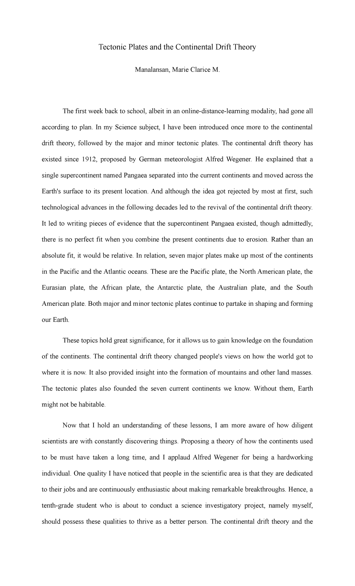 Science 10 - Continental Drift Theory Essay - Tectonic Plates and the ...