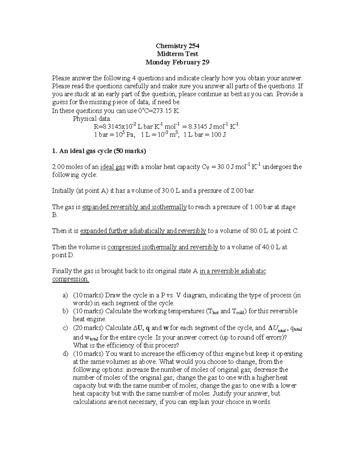 Chem 254 midterm - Chemistry 254 Midterm Test Monday February 29 Please ...