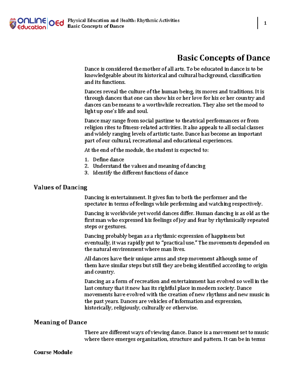 W9 Lesson 5 - Basic Concepts of Dance - Module - Physical Education and ...