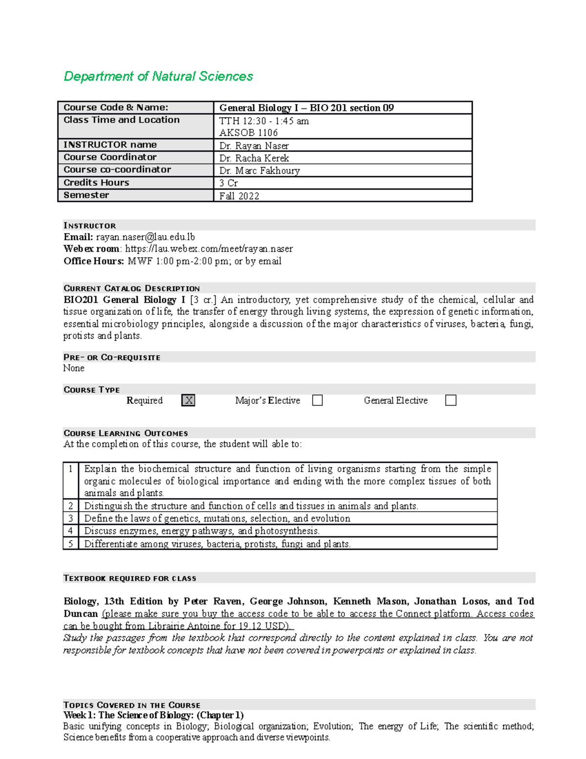 BIO201 09 Syllabus-Fall 2022 - Department of Natural Sciences Course ...