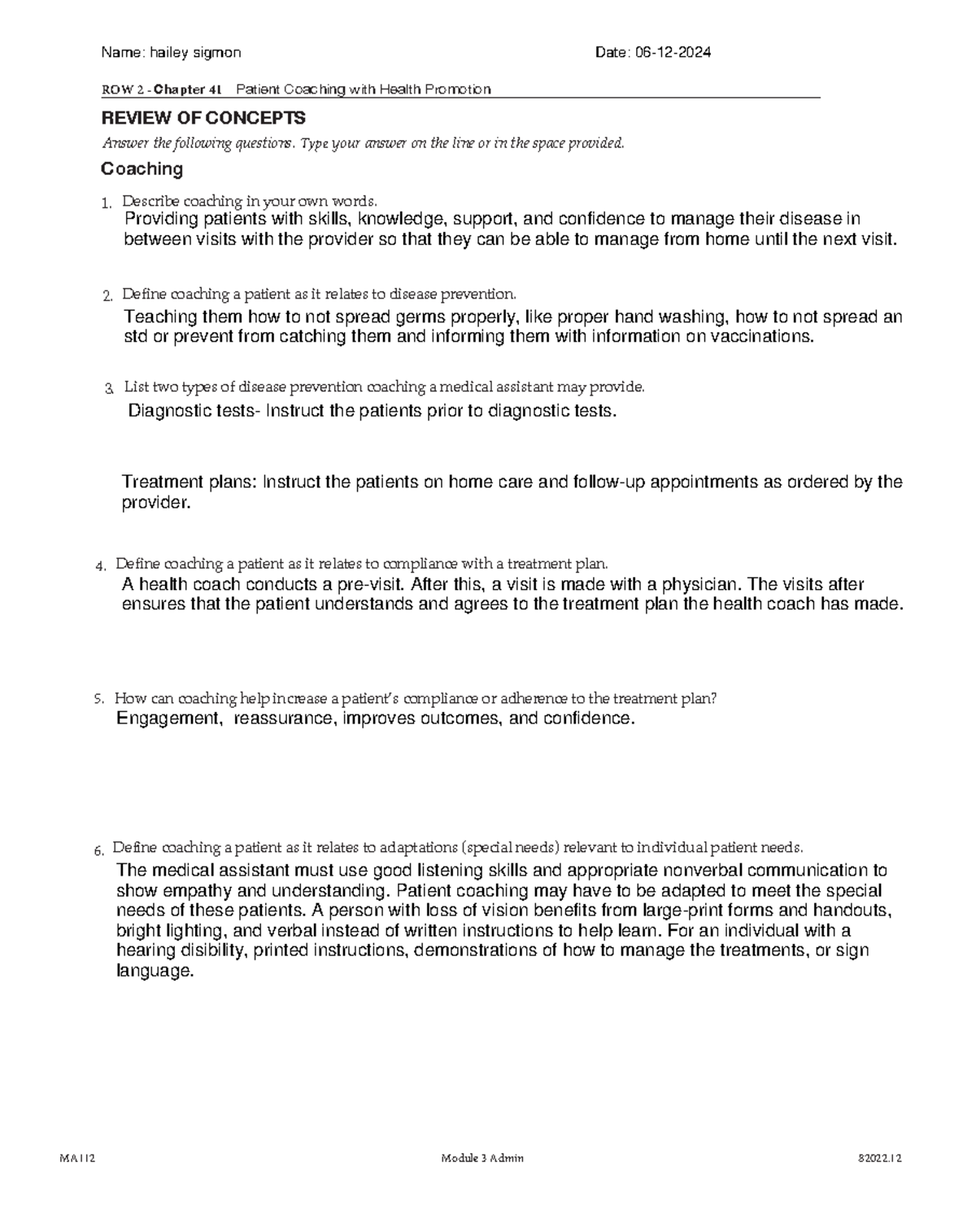 MA112 ROW 2 Chapter 41-1 - ROW 2 - Chapter 41 Patient Coaching with ...