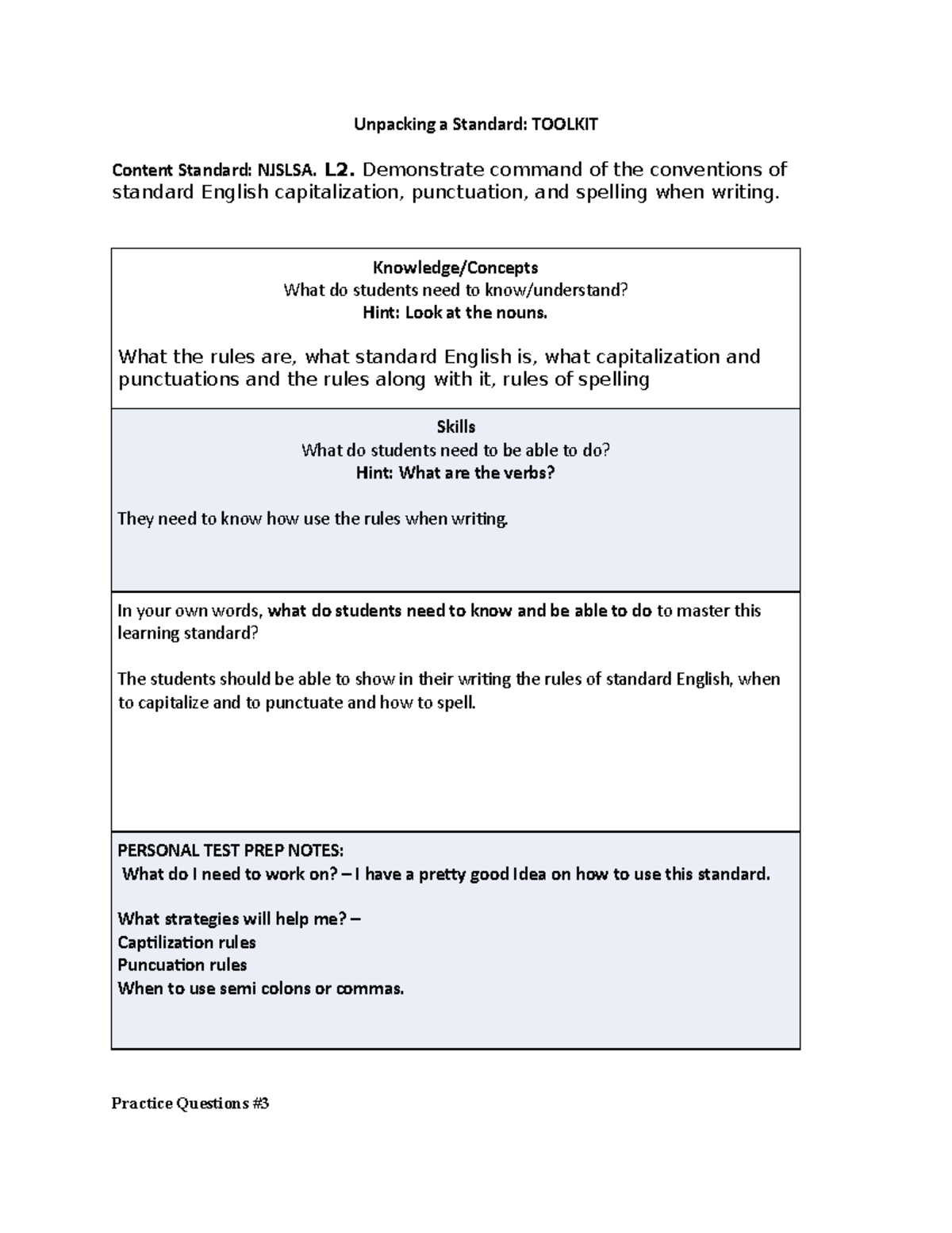 Toolkit E - Unpacking a Standard: TOOLKIT Content Standard: NJSLSA. L2 ...