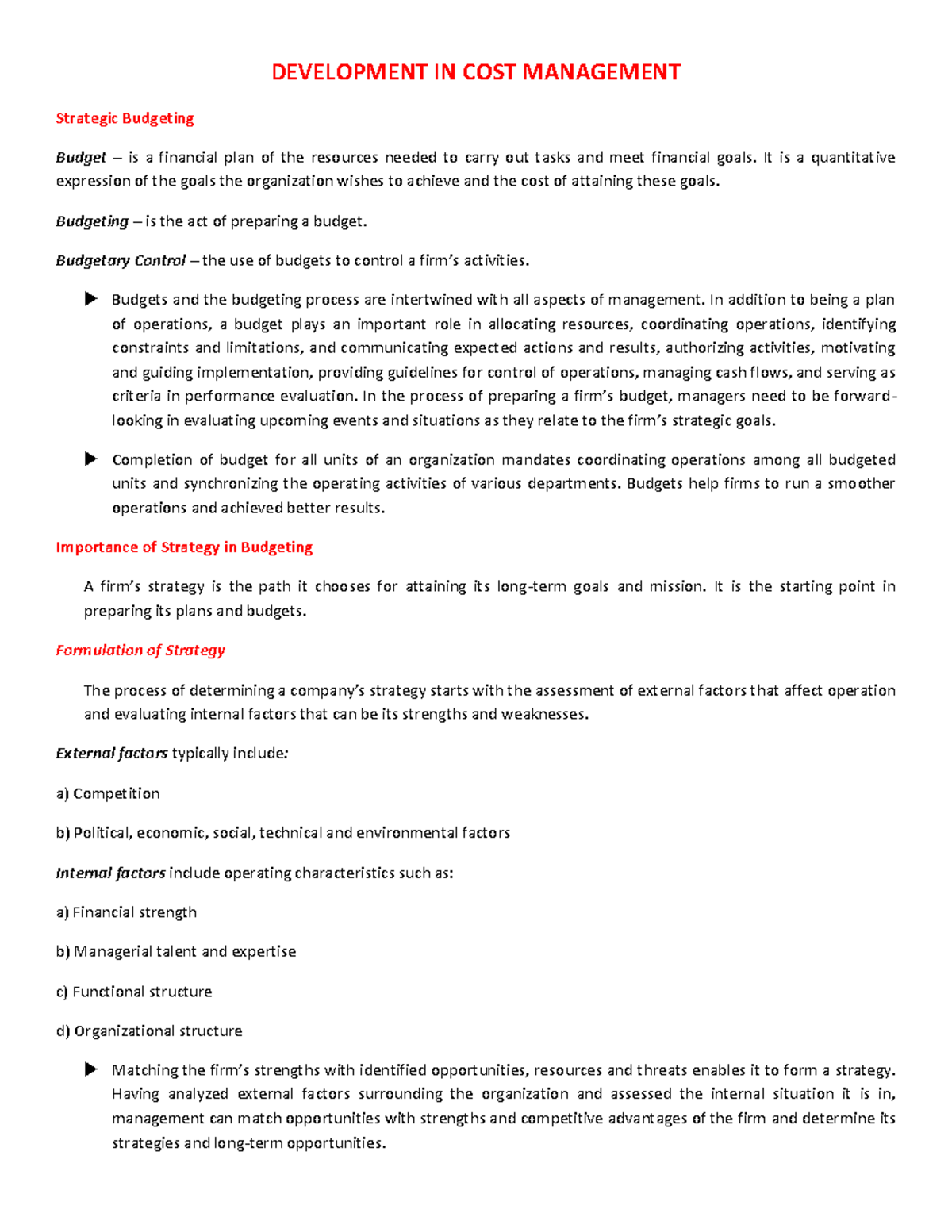 Development IN COST Management - DEVELOPMENT IN COST MANAGEMENT ...