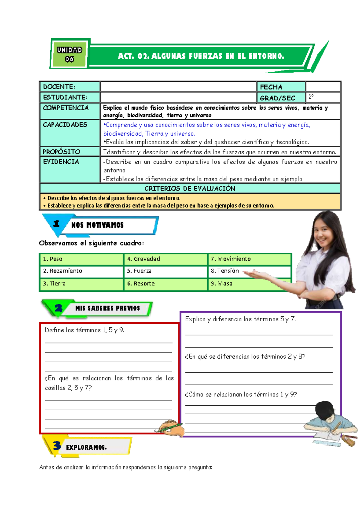 B-2º ACT 2 CYT UNID 6- SEM 2 - Observamos el siguiente cuadro: 1. Peso 4. Gravedad 7. Movimiento ...