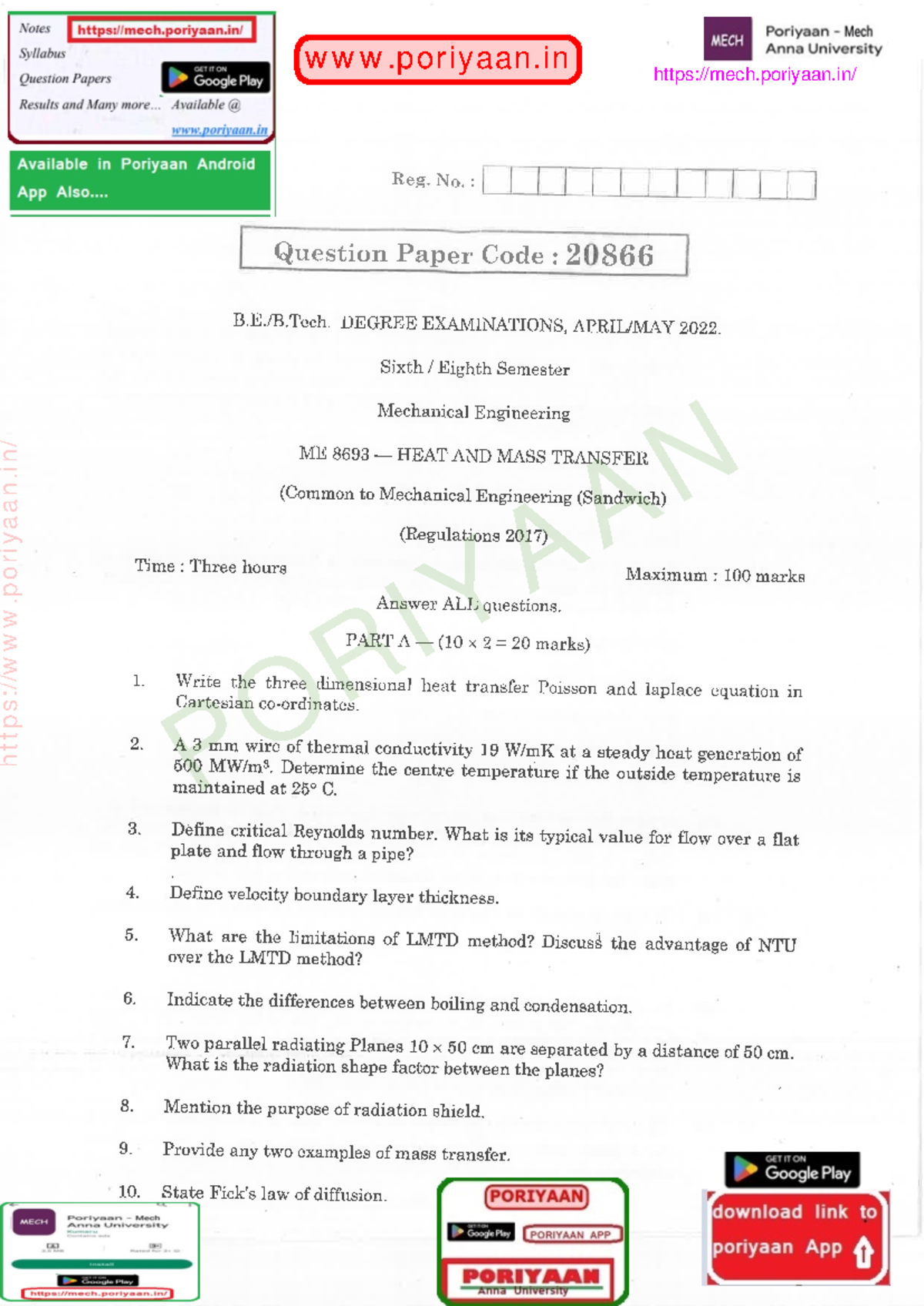 ME3691 Heat and Mass Transfer Reg 2021 April MAy 2022 Question Paper ...