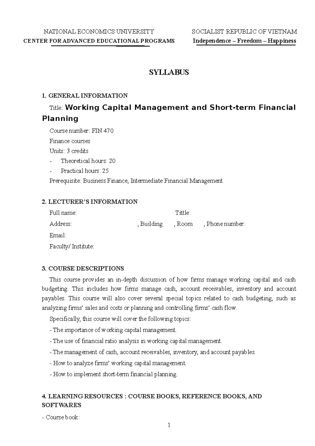 FIN360 Syllabus - NATIONAL ECONOMICS UNIVERSITY CENTER FOR ADVANCED ...