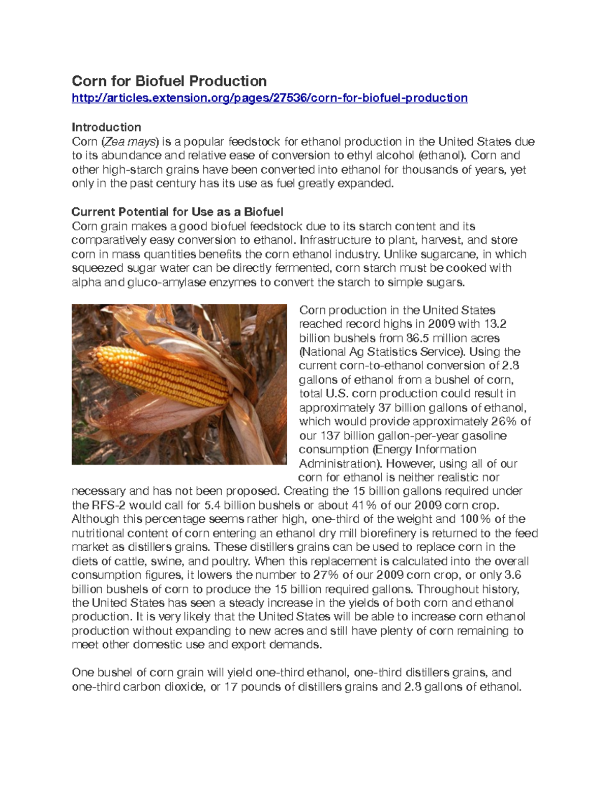Plants for Fuel - Corn for Biofuel Production - Studocu
