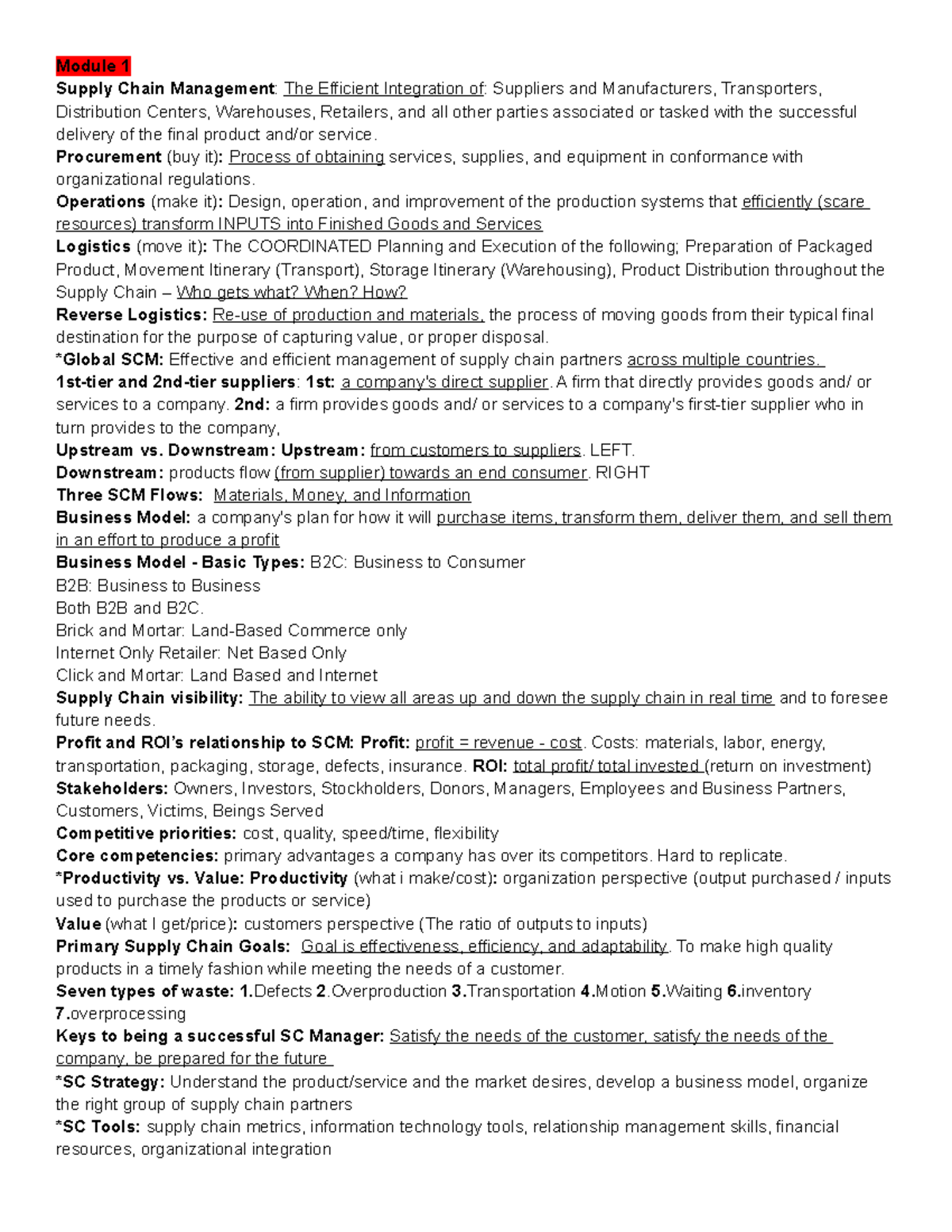 SCM Test 1 Study Guide - Module 1 Supply Chain Management : The ...