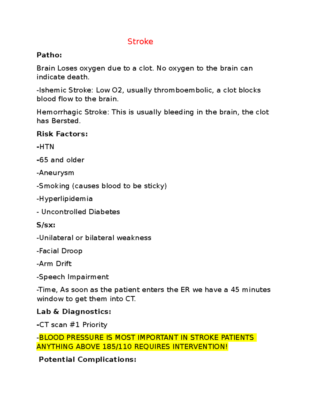 170exam 2 - 170 exam 2 notes, should be helpful - Stroke Patho: Brain ...