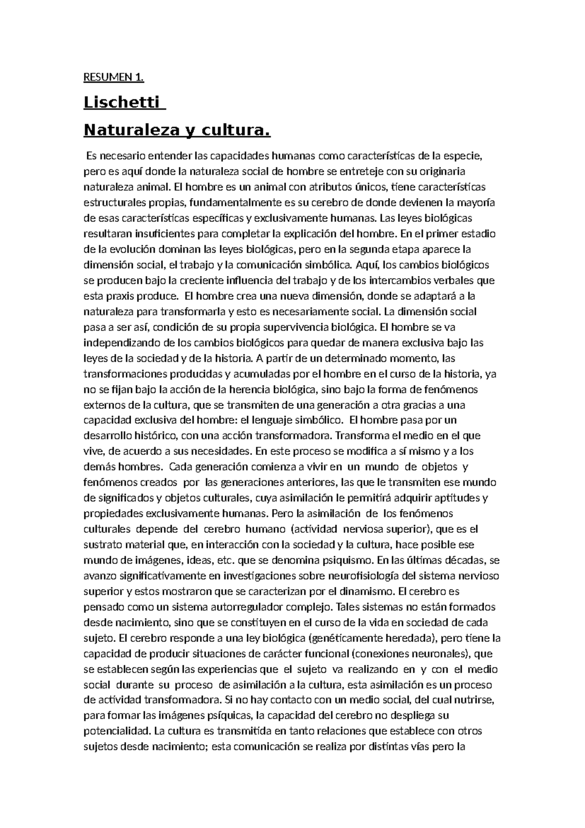 Reumenes de lischetti antropologia - RESUMEN 1. Lischetti Naturaleza y ...