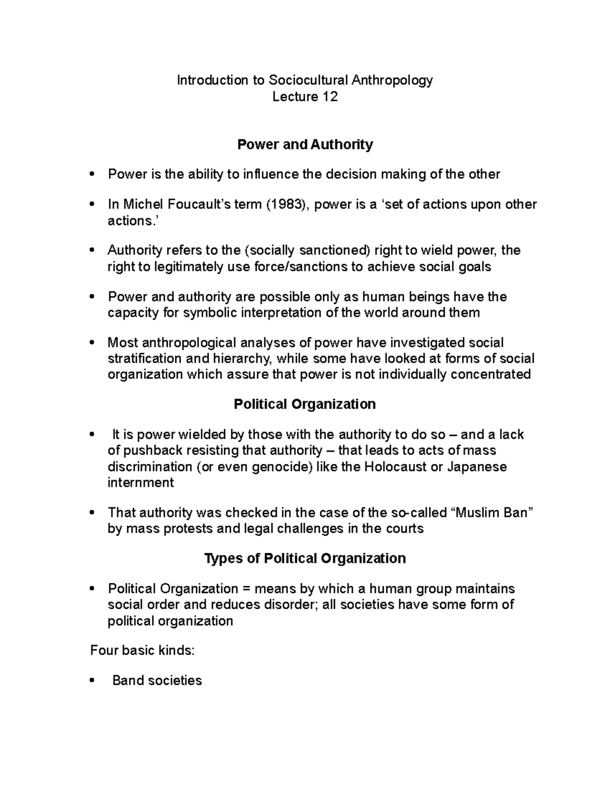 Introduction to Sociocultural Anthropology lecture 12 - ’ Authority ...