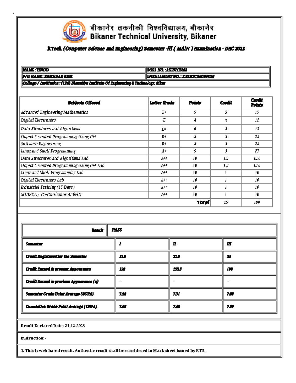 3rd sem result - B. (Computer Science and Engineering) Semester -III ( MAIN ) Examination - DEC ...